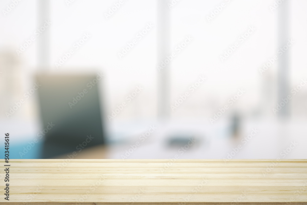Empty office wooden table with empty space on modern workplace with ...
