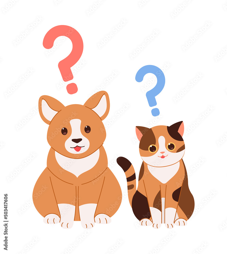 Dogs and cats with curious expressions. big question mark. Cute pet ...