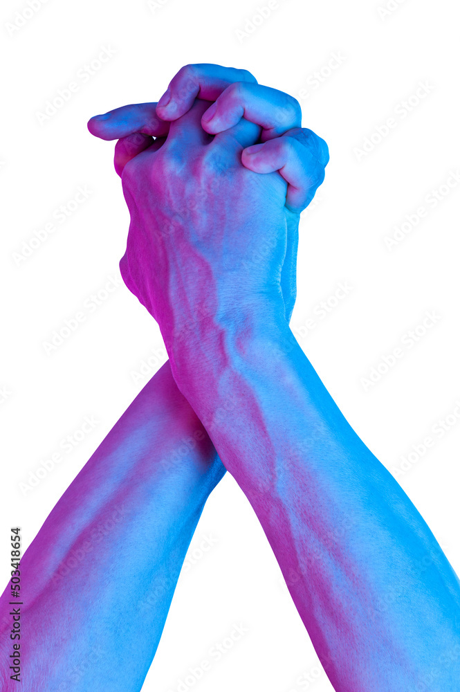 Humans hands with interlocked fingers isolated on white background for ...