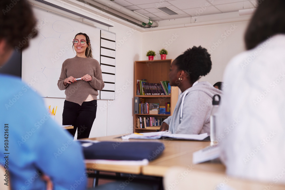 Female teacher in classroom Stock Photo | Adobe Stock