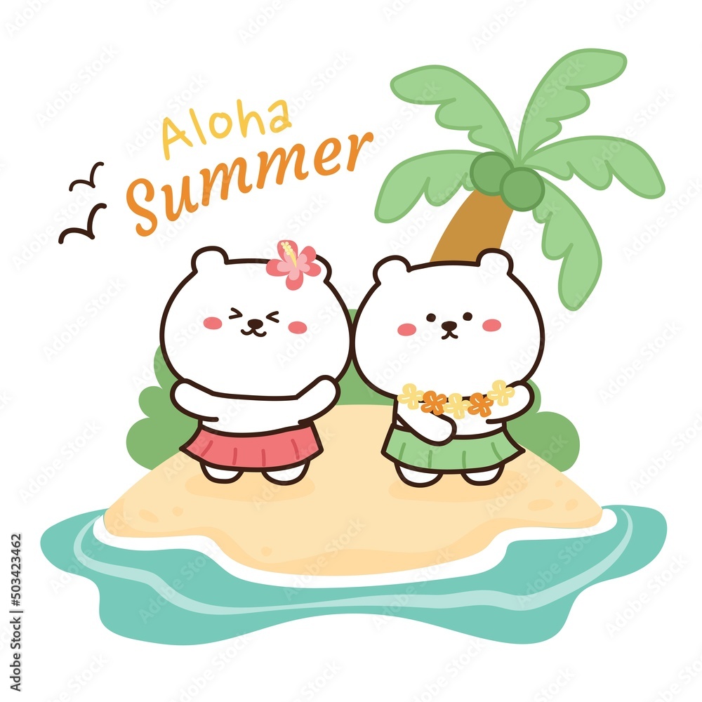 Cute bear dancing on island hand drawn background.Aloha summer writing ...