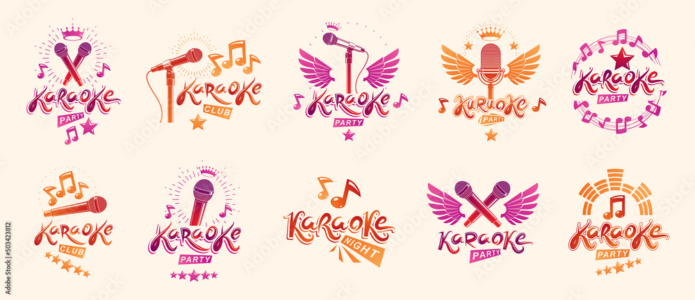 Karaoke party or club logos and emblems vector set isolated, singing ...