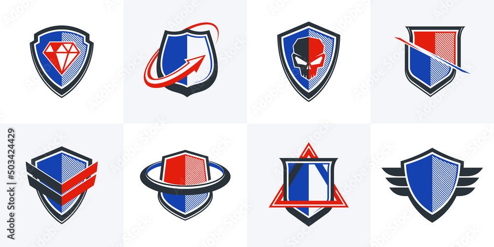 Classic shields shapes set with different additional elements vector ...