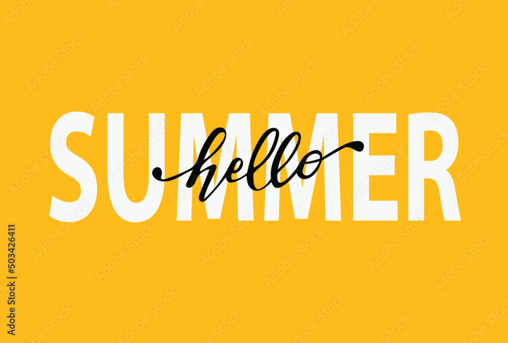 Hello summer. Vector hand lettering. White and black letters on the ...