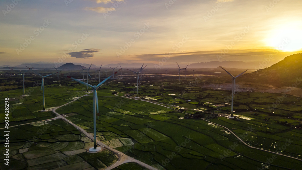 Wind turbines farm in a big green field at beautiful sunset generating ...