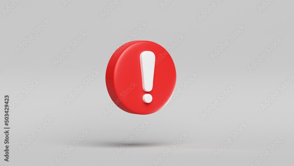 3D render illustration. White exclamation mark in a round red icon ...
