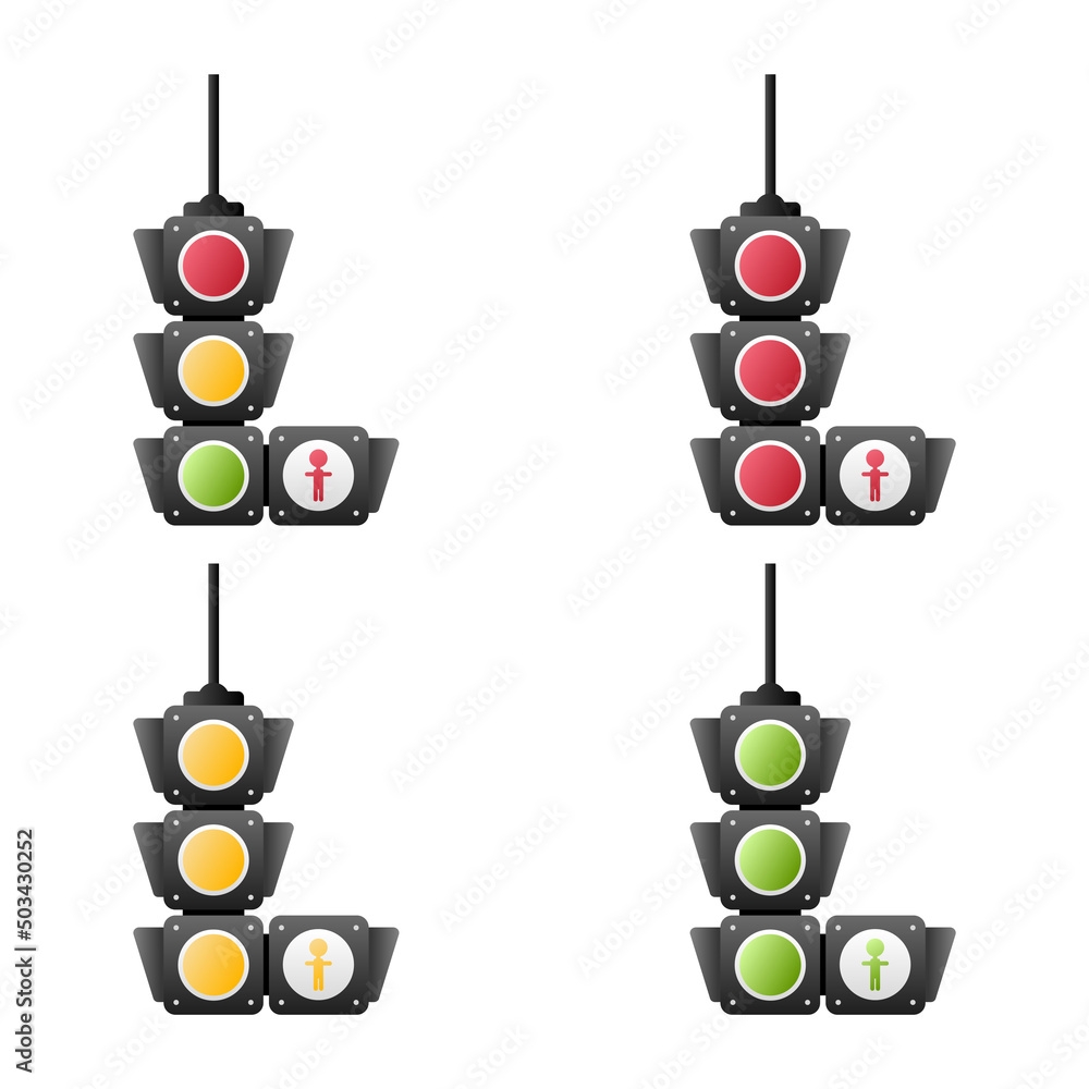 Set of traffic light signal with red, yellow and green color, Flat ...