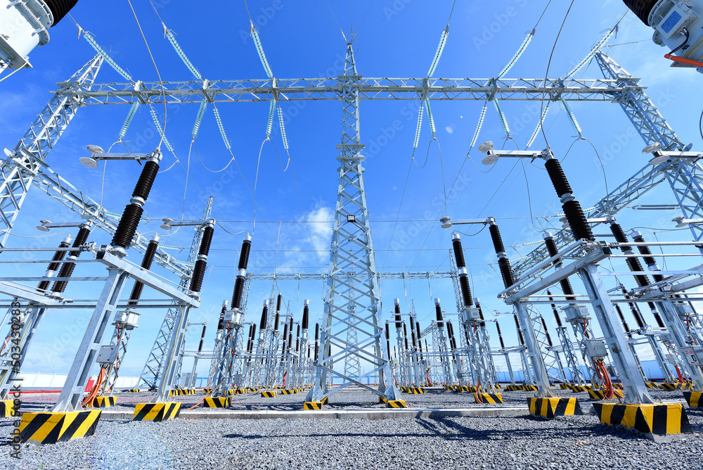 Electric Power Substation Under The Blue Sky: Power Station ...
