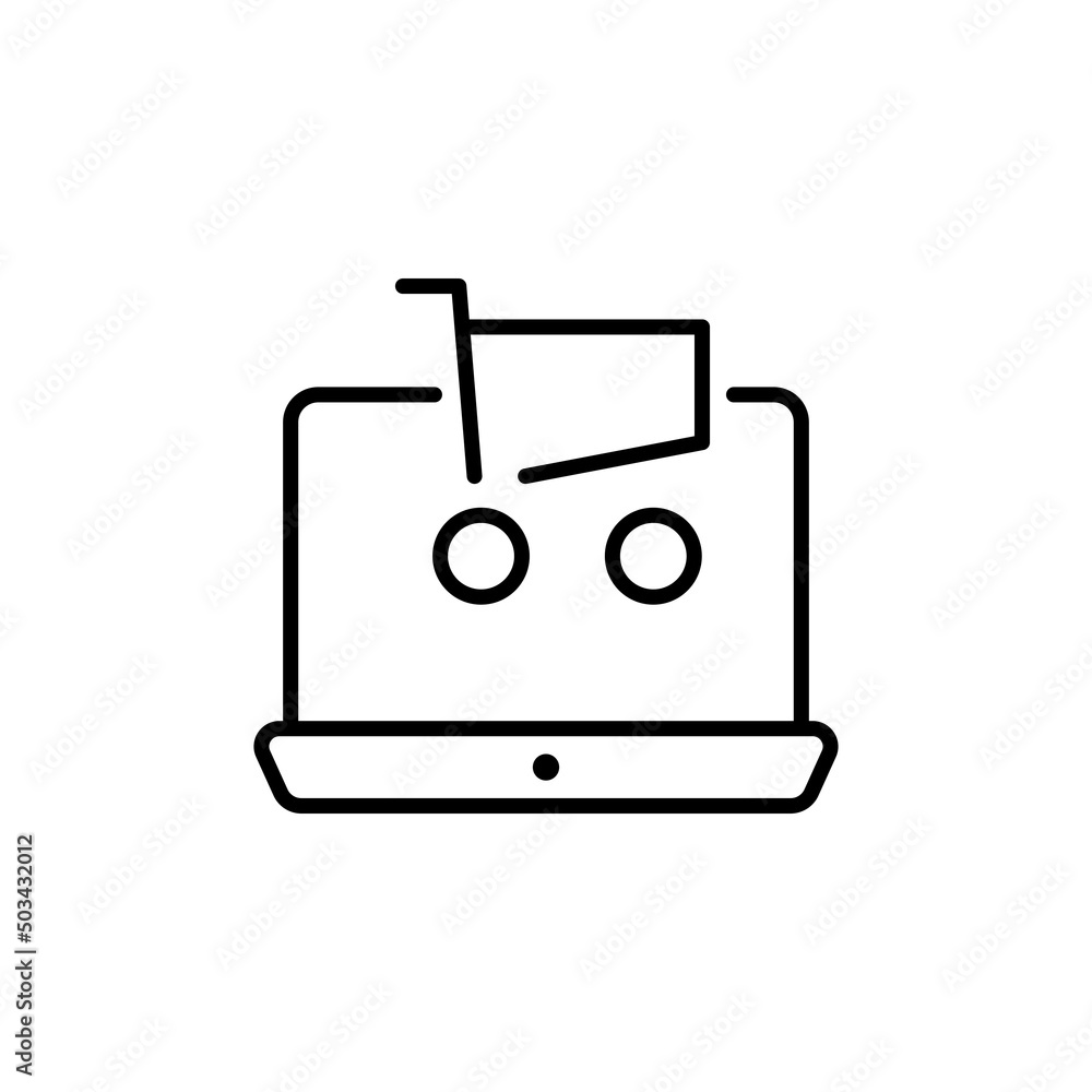 Simple laptop with shopping cart sign icon in black. Online shopping ...