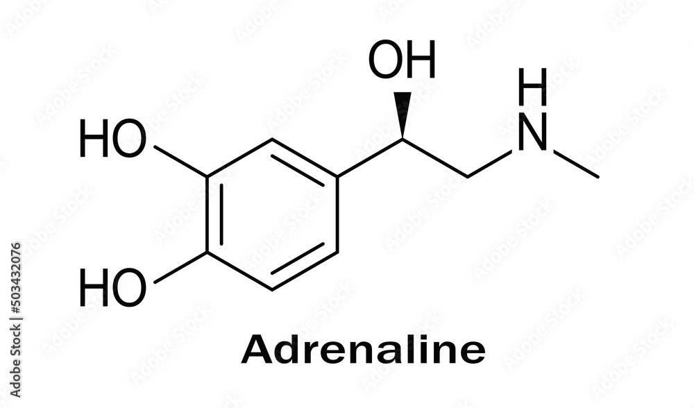 Molecular formula of adrenaline, structure of molecule on white ...