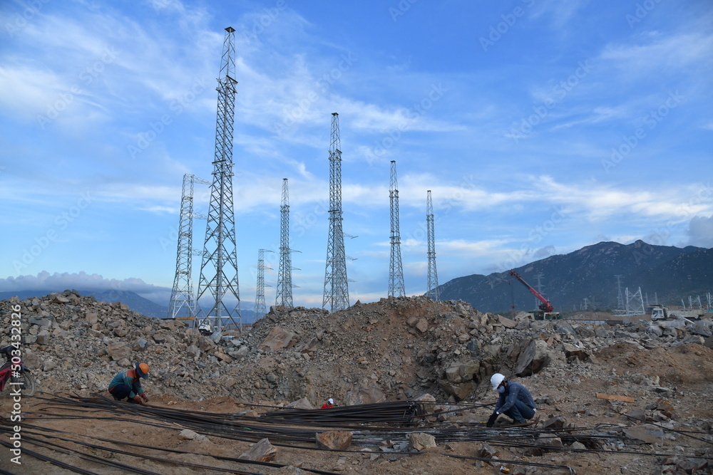 High voltage transformer tower in a substation being constructed ...