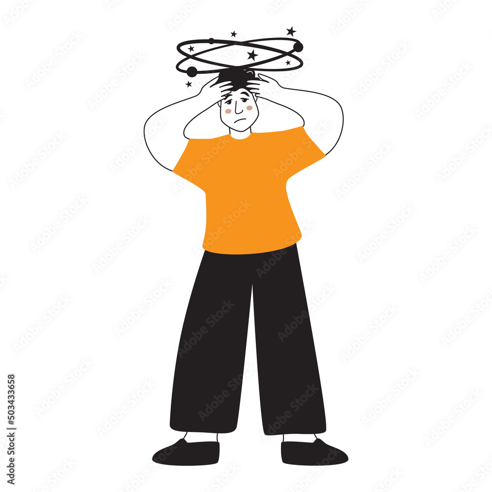 Young man with vertigo.Person holds his hands on head.Sick man having ...