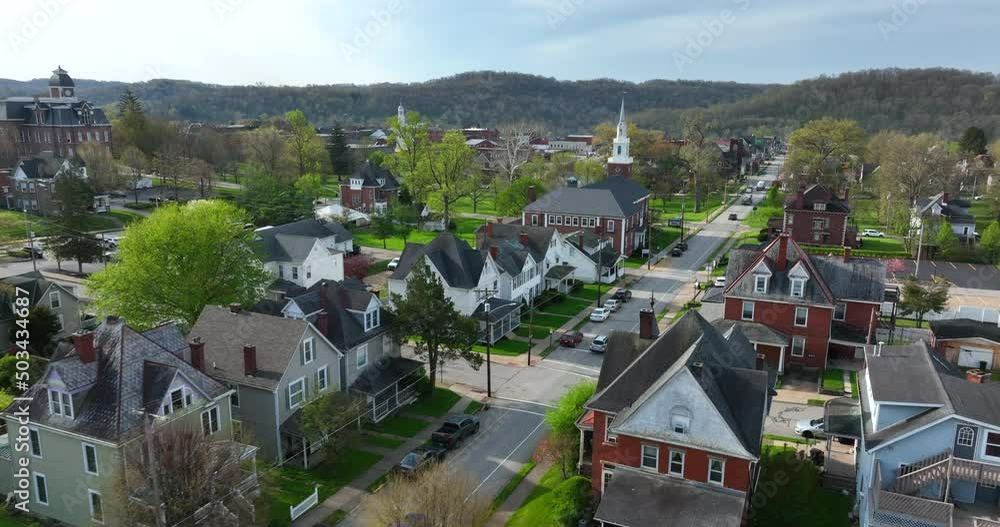 Appalachian small town in USA. Rural mountains and historic church ...