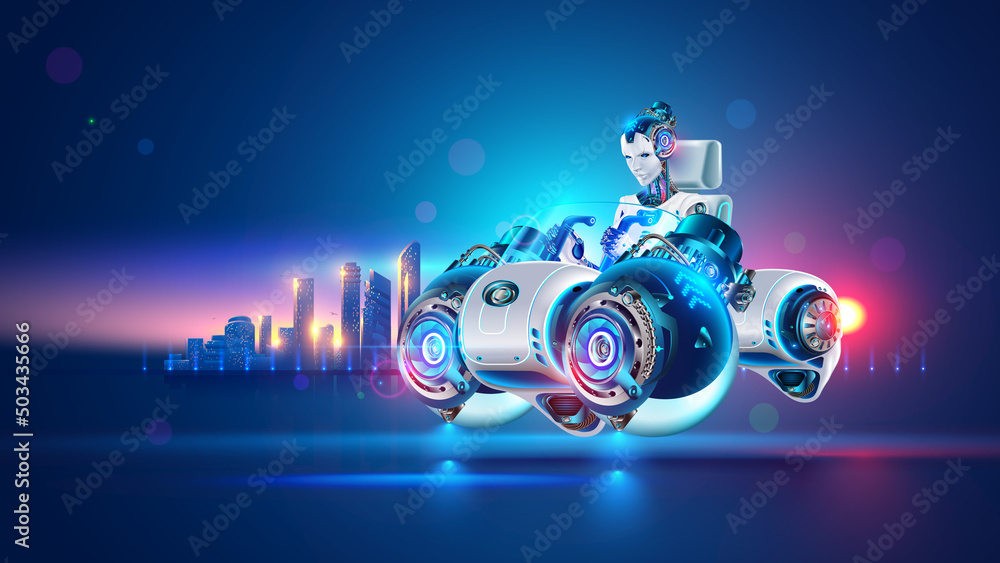 A sci-fi futuristic flying car hovered over road against backdrop of a ...