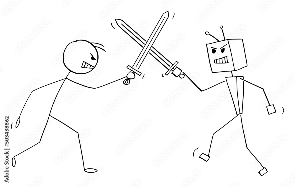 Human Person and Robot or AI Fighting with Swords, Vector Cartoon Stick ...