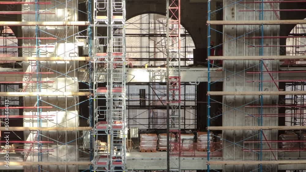 Construction equipment material with scaffolding and tools inside the ...