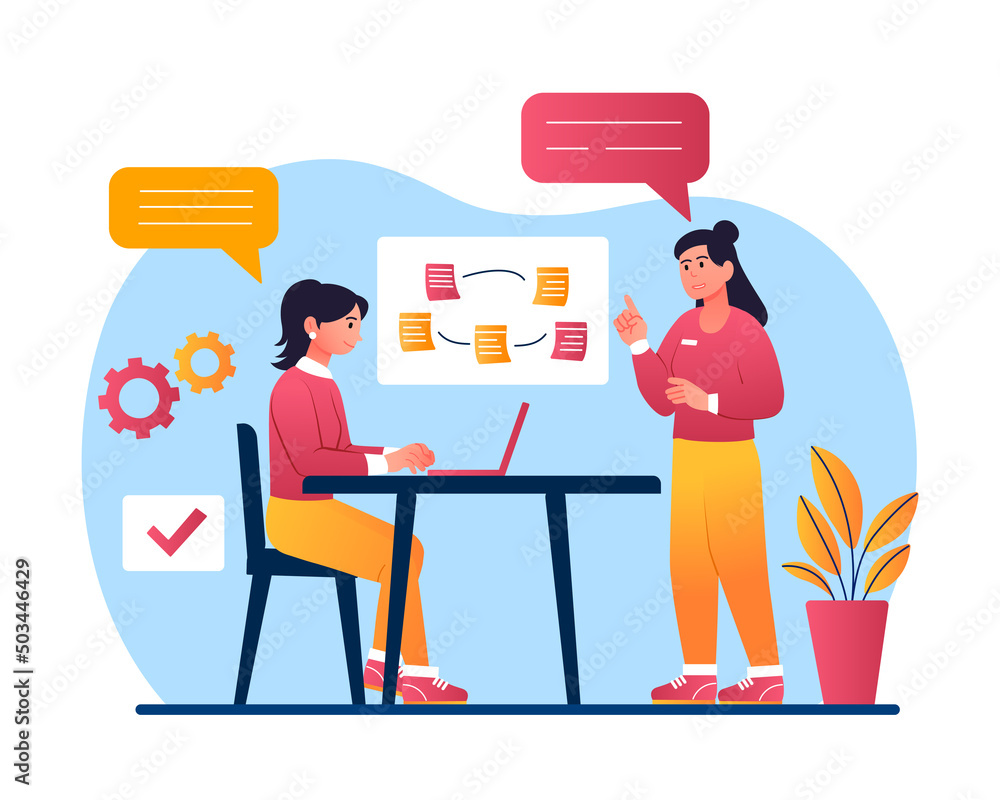 Communication at office. Two girls discussing joint project ...