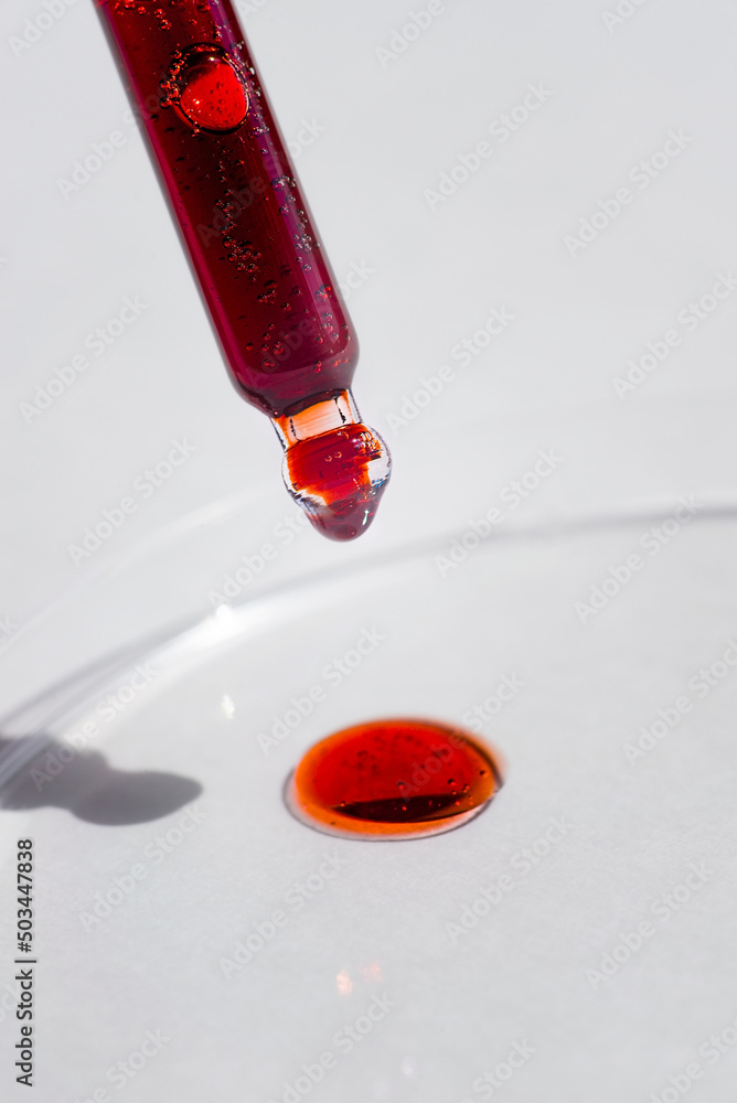 Dropper pipette with serum or red liquid and petri dish on white ...