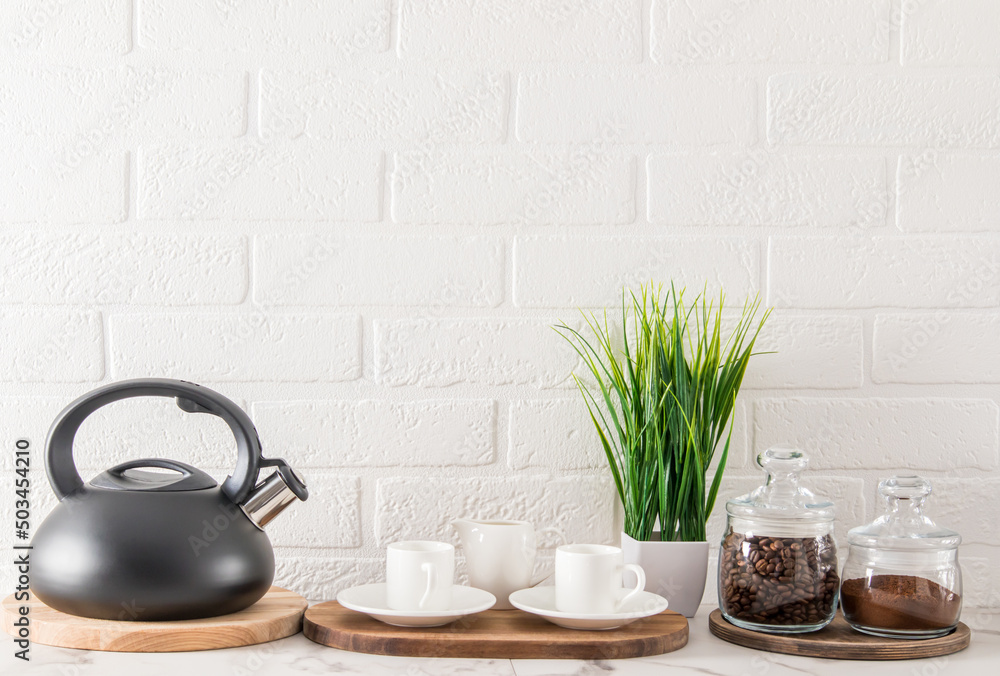 stylish kitchen background with items for coffee ceremony ...