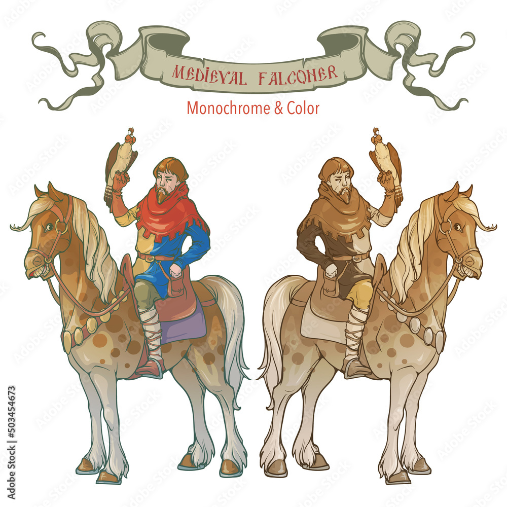 Medieval falconer sitting on a horseback. A courtier organizing royal ...
