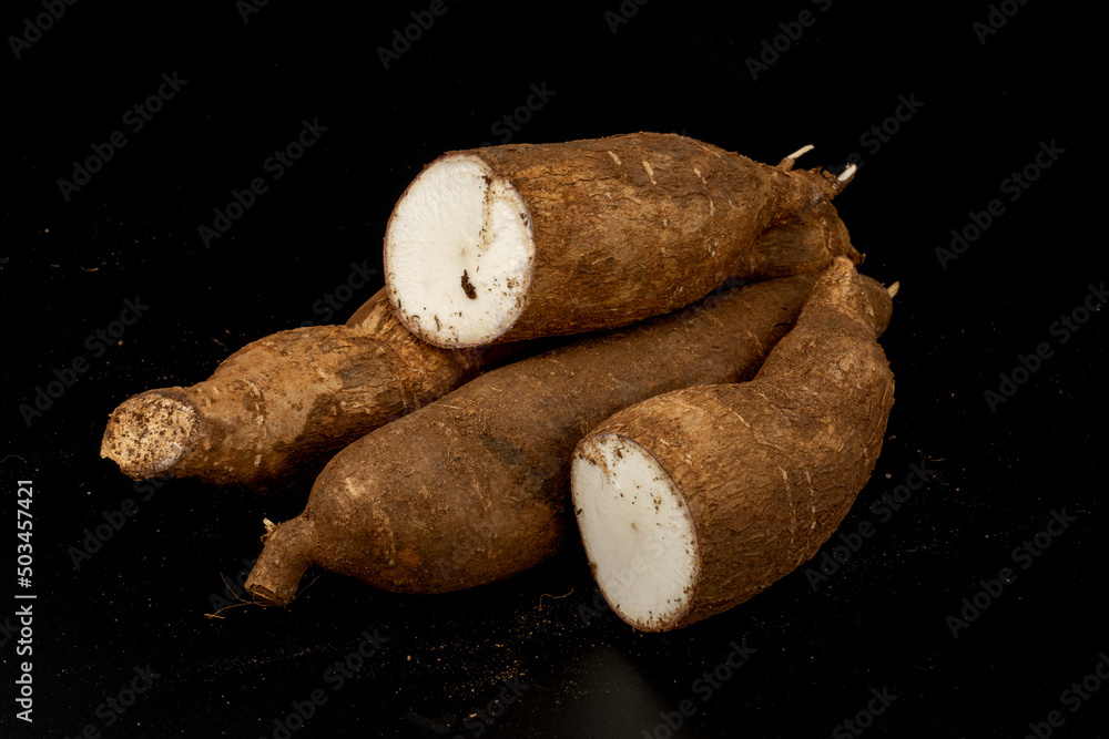 Tapioca / Kappa - roots of the cassava plant, cut and whole isolated in ...
