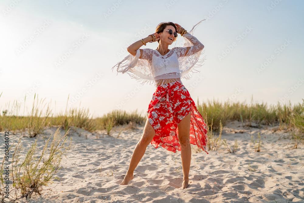 stylish attractive slim smiling woman on beach in summer style fashion ...