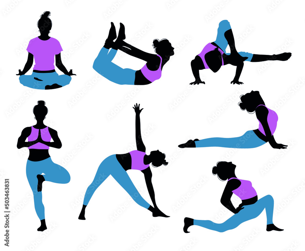 Set of people doing yoga silhouettes. Tree pose, bow pose. triangle ...