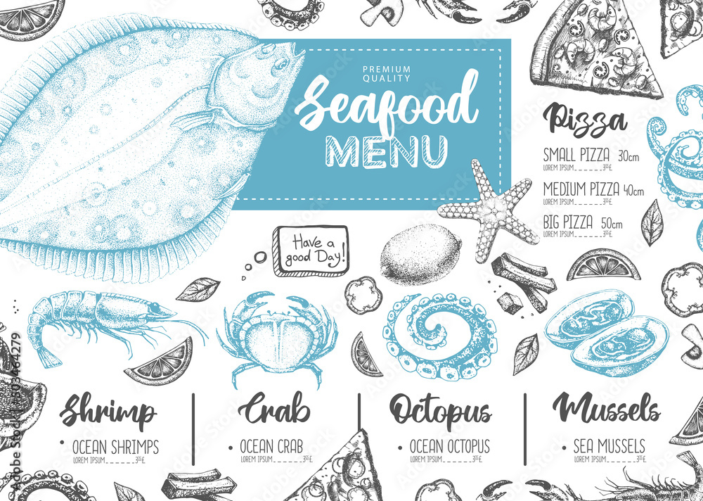 Seafood restaurant menu design with hand drawing fish. Vector ...