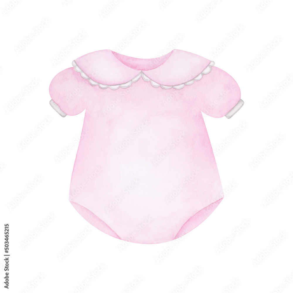 Newborn baby girl pink romper watercolor illustration. Cute hand drawn ...