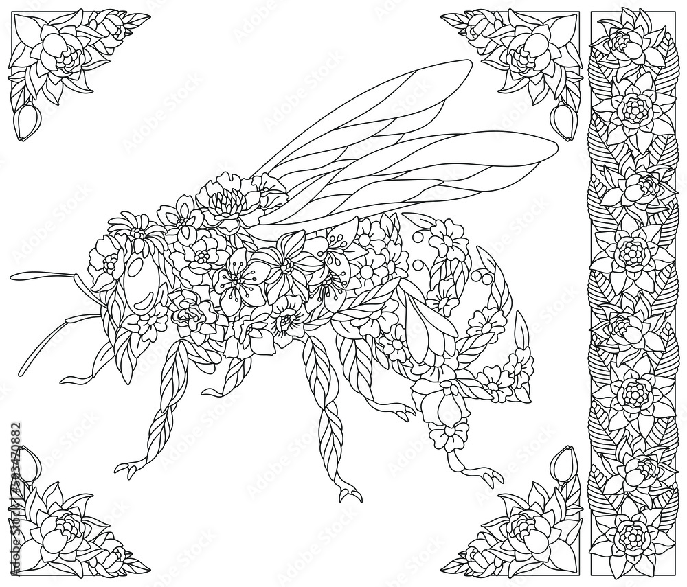 Adult coloring book page. Floral honey bee. Ethereal animal consisting ...