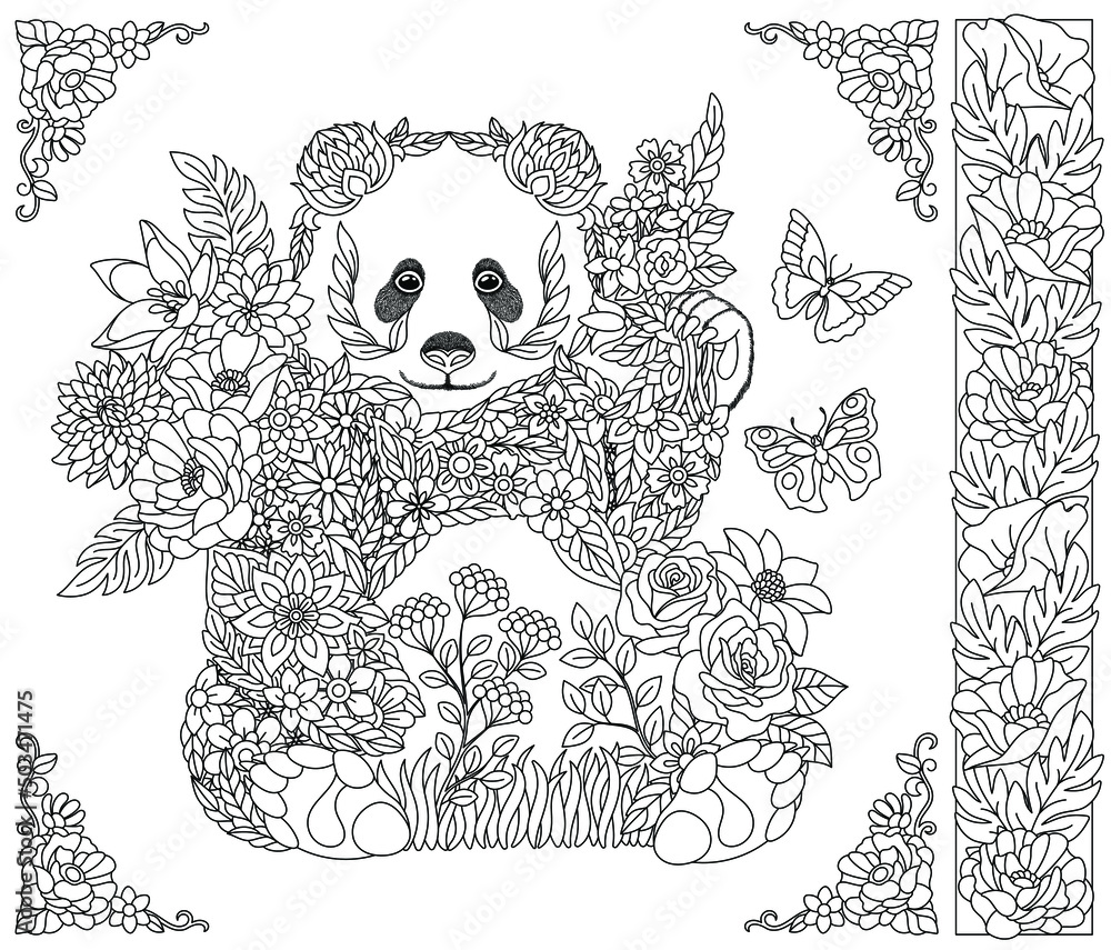 Adult coloring book page. Floral panda bear. Ethereal animal consisting ...