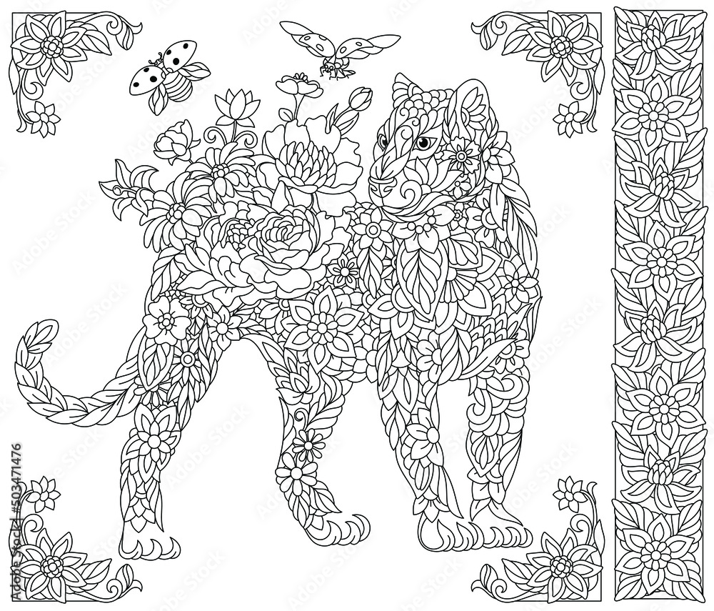 Adult coloring book page. Floral panther. Ethereal animal consisting of ...