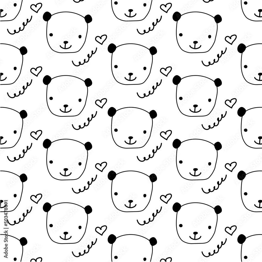 Cute seamless pattern with funny bear or panda. Hand drawn naive ...