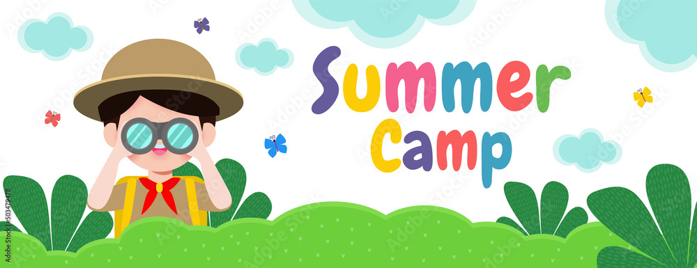 summer camp banner template background kids wear scout honor uniform ...