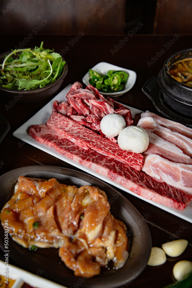 Korean Grilled BBQ combo with pork belly, wagyu and marinated chicken ...