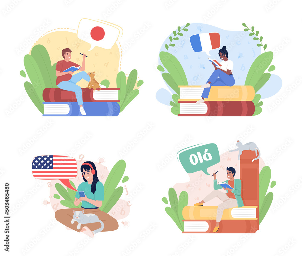 Exciting about learning language 2D vector isolated illustration set ...