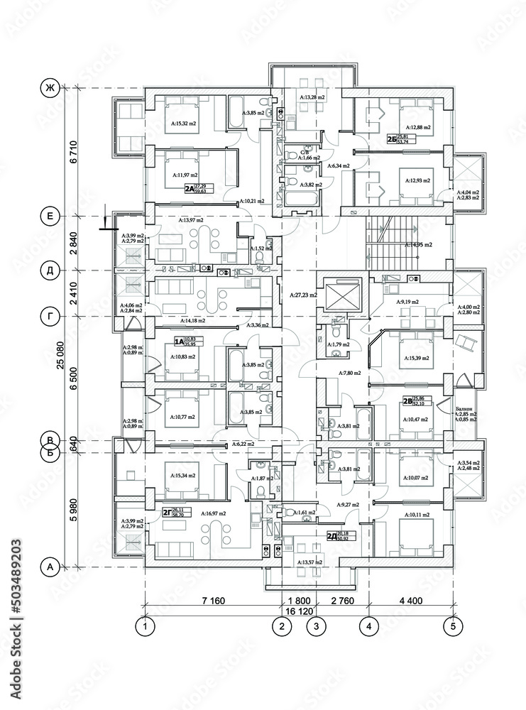 Multistory building detailed architectural technical drawing, vector ...