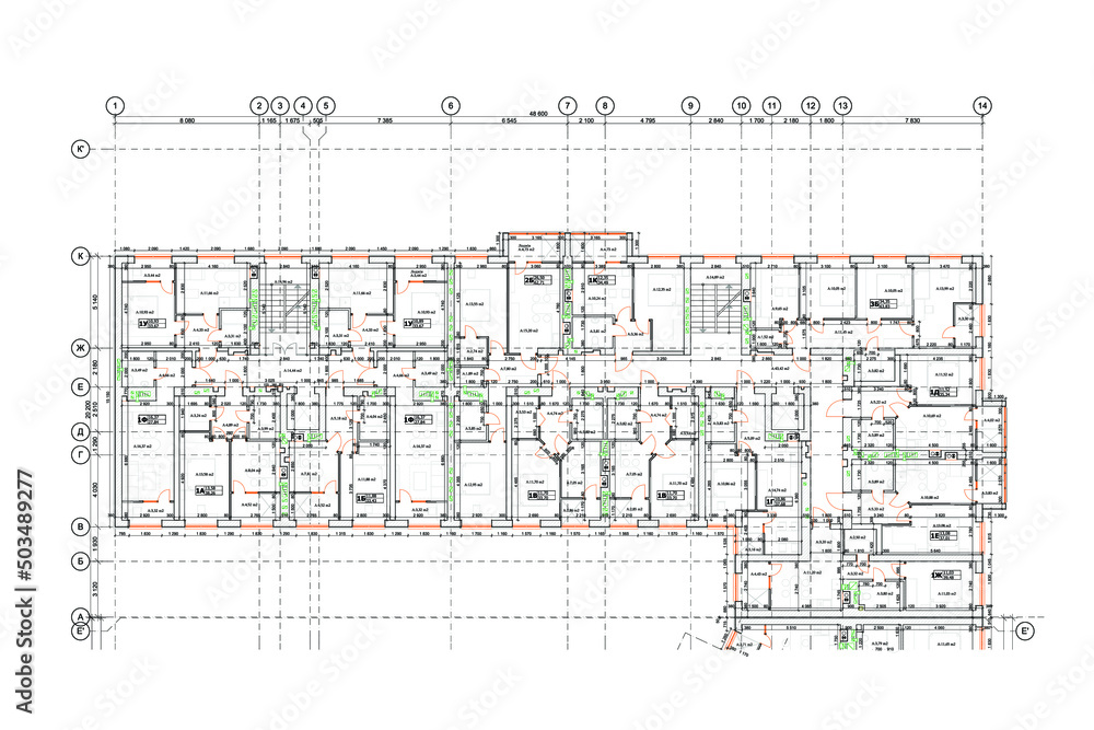 Multistory building detailed architectural technical drawing, vector ...