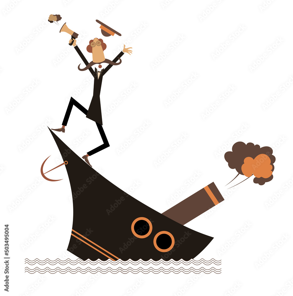 Cartoon captain of the ship on a sinking ship is in panic. Upset ...