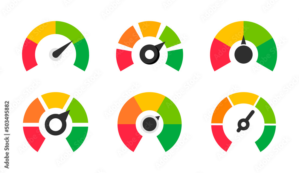 Vetor de Speedometer icons. Colored scale speedometers. Gauge ...
