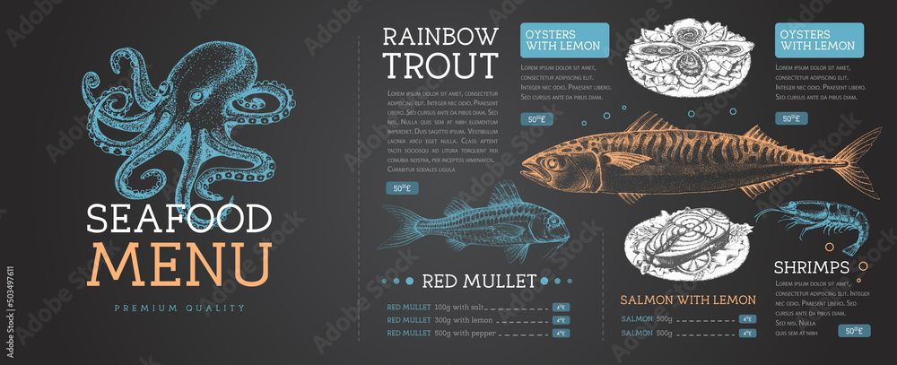Chalk drawing seafood restaurant menu design with hand drawing fish ...