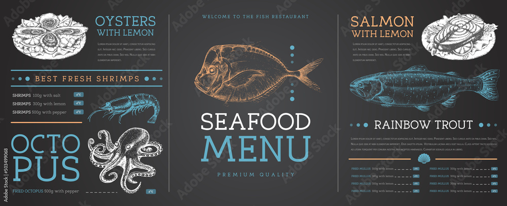 Chalk drawing seafood restaurant menu design with hand drawing fish ...