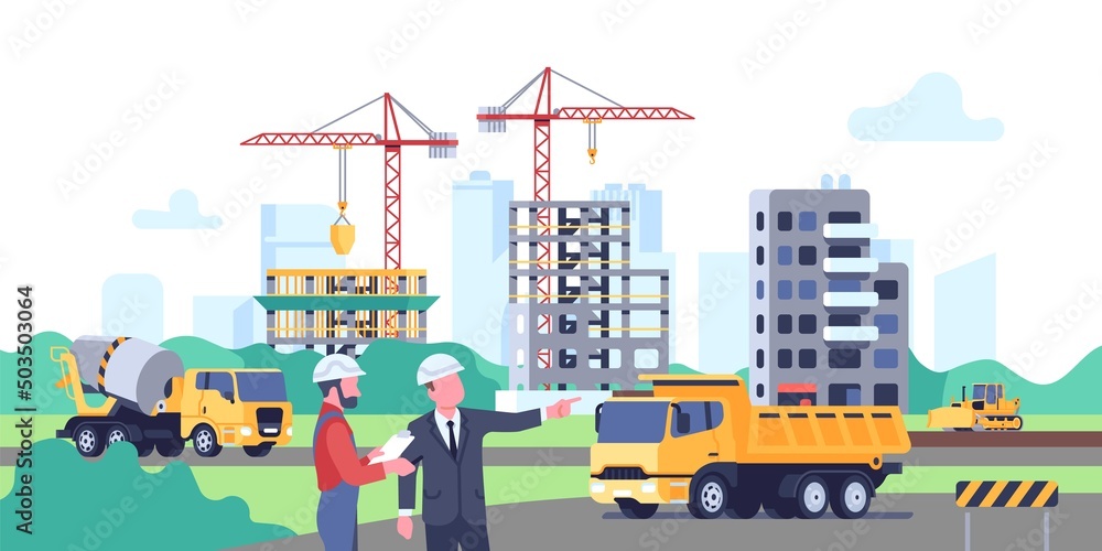 Building site. Builder and contractor in workflow. Workers consider ...