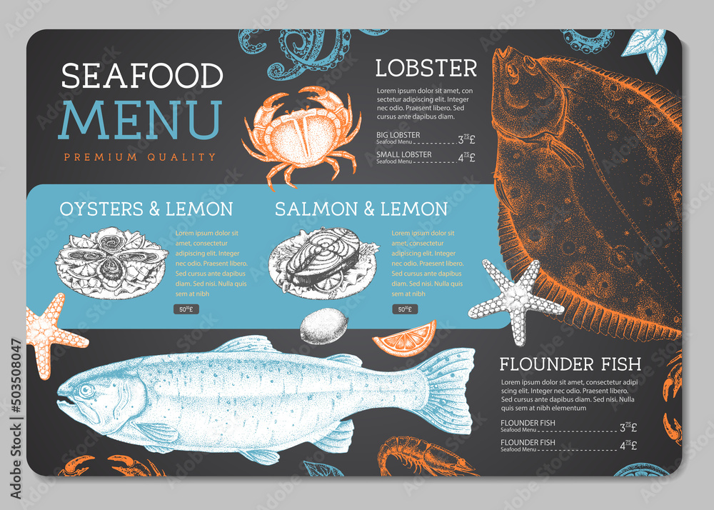 Chalk drawing seafood restaurant menu design with hand drawing fish ...