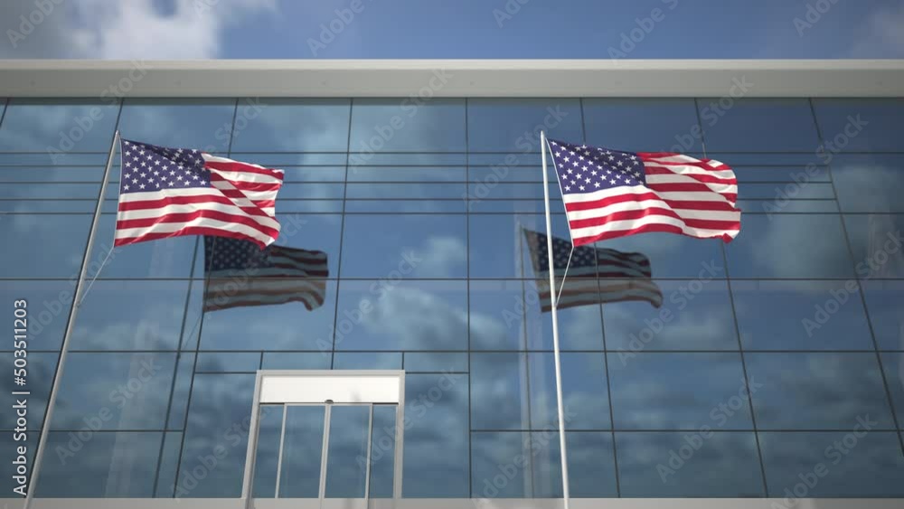 Flags of the USA in the airport and landing commercial plane Stock ビデオ ...