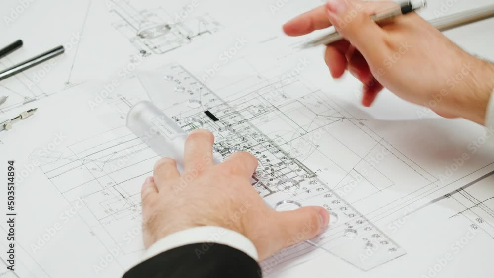 Architect man drawing plan blueprint close-up. Professional designer ...