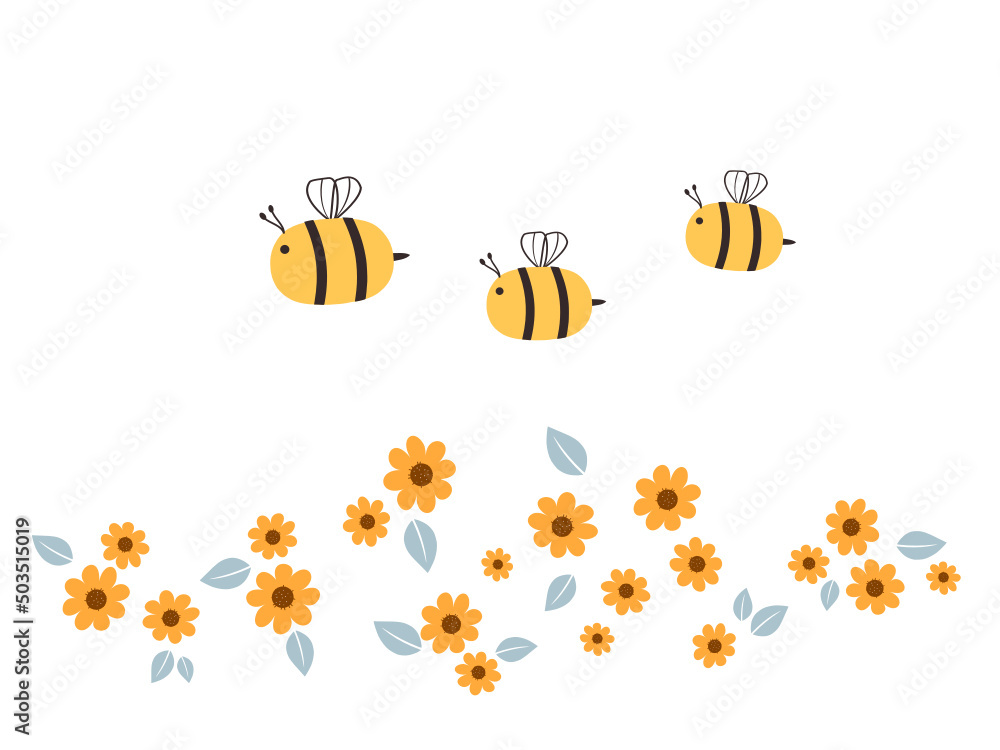 Bee cartoons and flower garden on white background vector illustration ...