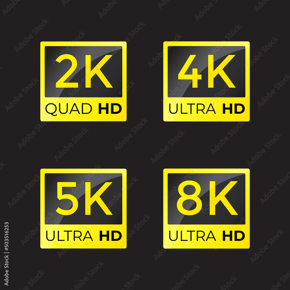 2k, 4k, 5k, 8k ultra hd high definition video label design set isolated on black background ...