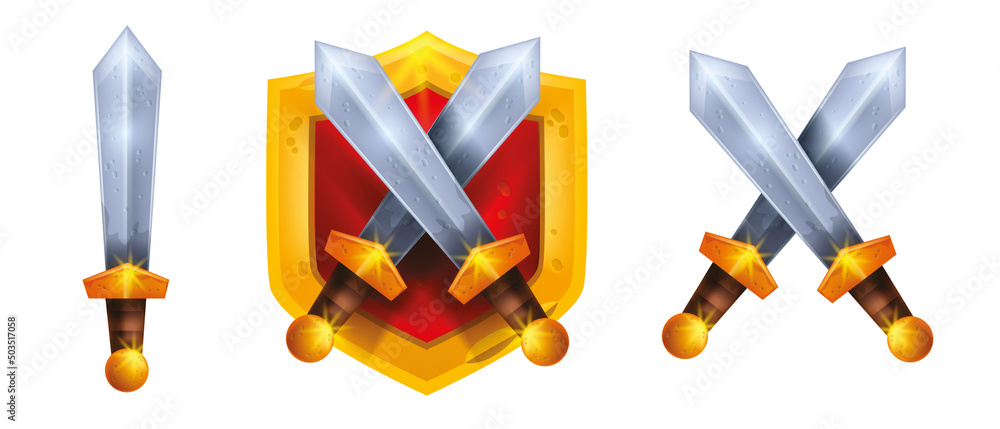 Game shield UI icon set, vector crossed iron medieval swords logo ...