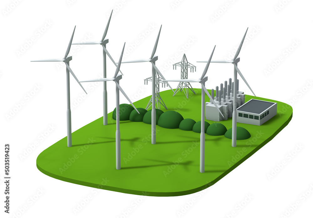 3d illustration. Wind farm model. Isometric view. 3d rendering Stock ...